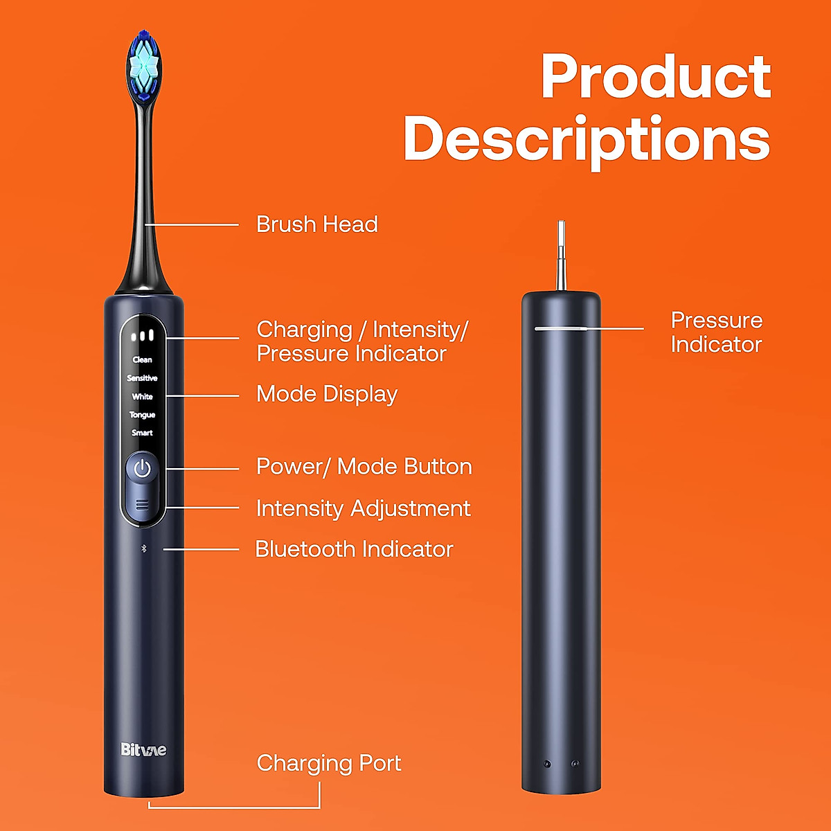 Bitvae Smart S3 Sonic Electric Toothbrush for Adults, 180-Day Battery Life Rechargeable Electric Power Toothbrush with Pressure Sensor, Electric Toothbrush with 4 Brush Heads, Travel Case, Dark Blue