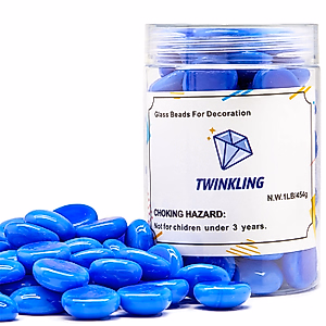 TWINKLING High Luster Round Fire Pit Glass Stones,Glass Marbles,Glass Pebbles,Glass Beads Gems Chips for Fire Pit Vase Fillers Crafts Aquarium Garden Decoration,17-19mm,1-Pound Jar (Blue Porcelain)