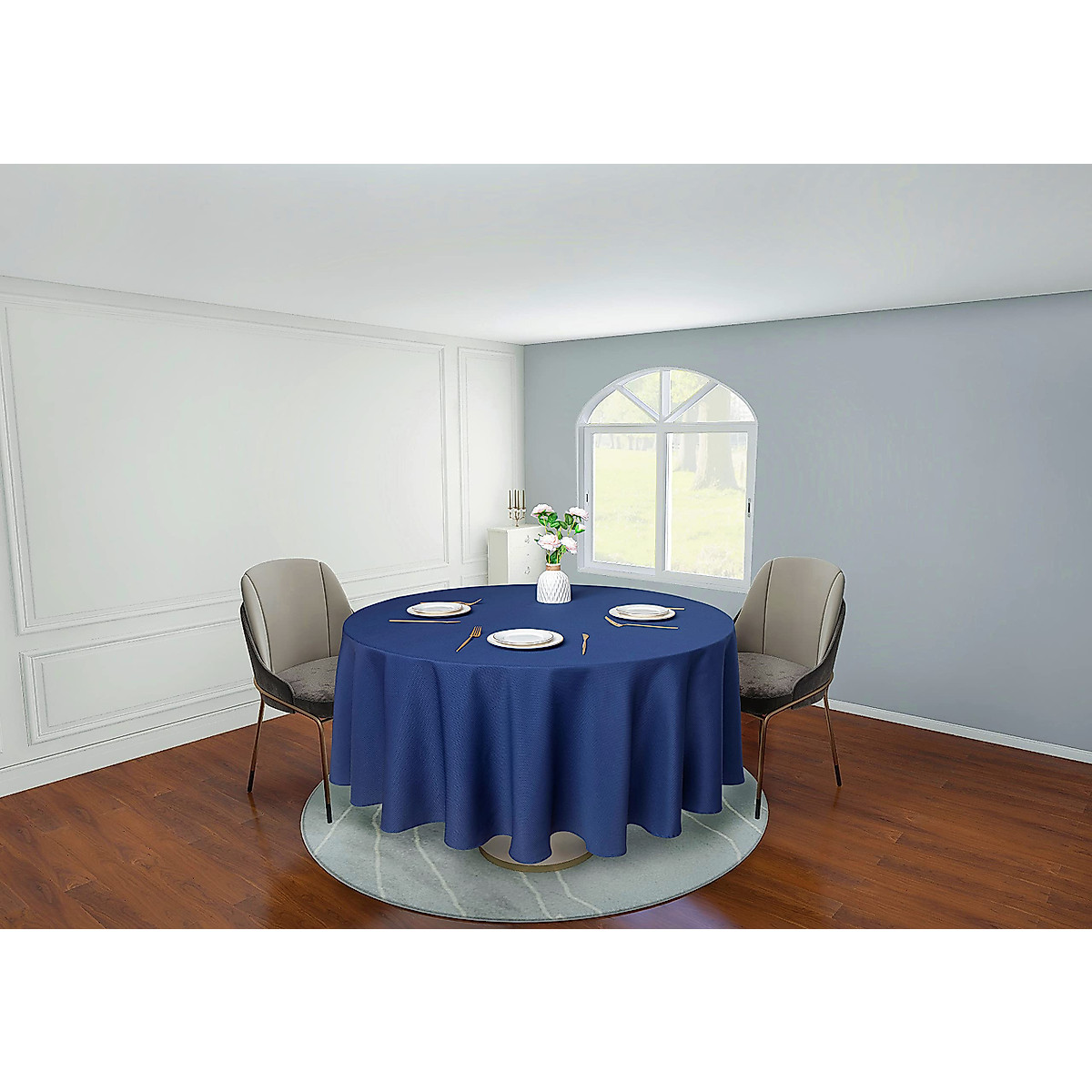 Biscaynebay Textured Fabric Tablecloths 108" Round for Tables' Diameters from 48" to 72", Navy Water Resistant Washable Tablecloths for Dining, Kitchen, Wedding & Parties etc.