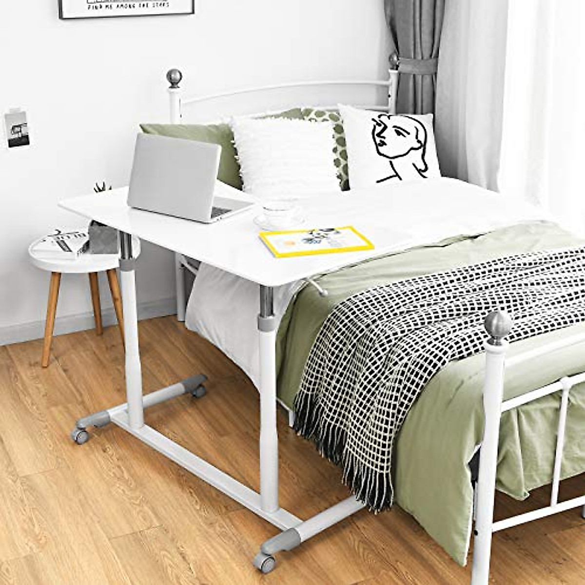 Tangkula Mobile Computer Desk with Steel Frame, Small Height Adjustable Rolling Compact Stand Up Desk on Wheels, MDF PVC Tabletop, Ideal for Home Office, White