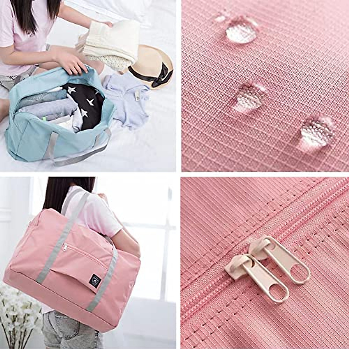 Foldable Travel Duffel Bag (2 Pack), For Spirit Airlines, Weekender Overnight Bag, Tote Carry on Luggage Sport Duffle Weekender Overnight for Women and Girls (Pink Blue)