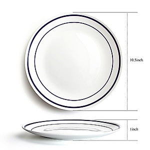 YFWOOD Ceramic Dinner Plates Set Of 6, 10.5 Inch Kitchen Dish Set, Contemporary Round Porcelain Tablewar,Microwave,Dishwasher and Oven Safe, Scratch Resistant Deep Plates - White & Blue Double Line