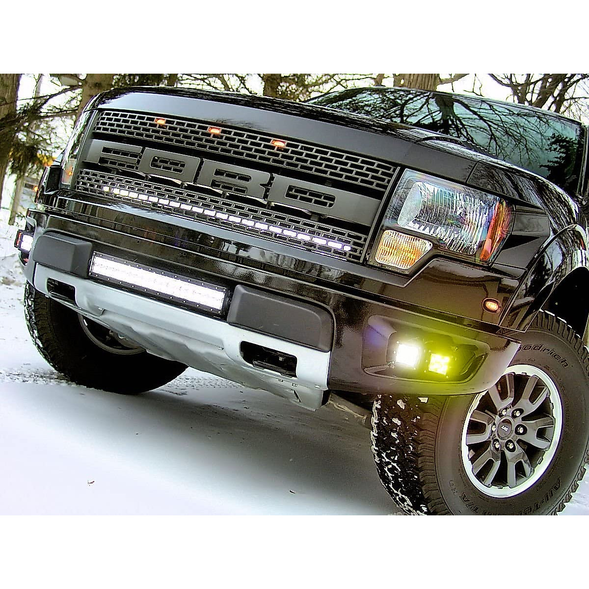 iJDMTOY LED Pod Light Fog Lamp Compatible With 2010-14 Ford SVT Raptor, Includes (4) 20W High Power Xenon White LED Cubes, (2) Amber Lens, Foglight Location Mounting Brackets & On/Off Switch Wiring