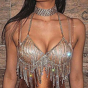CanB Rhinestone Sexy Bra Chains Shiny Crystal Tassel Underwear Necklace Chains Summer Beach Bikini Nightclub Chain Body Accessories Jewelry for Women and Girls (Style-1)