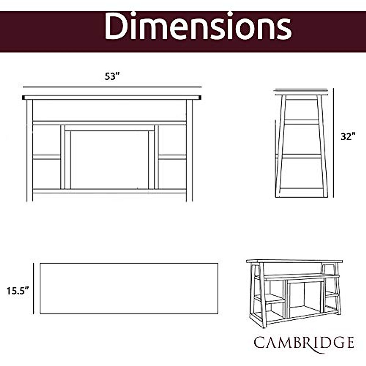 Cambridge Sawyer 53 Inch Freestanding Fireplace Mantel TV Stand with Storage Shelves and 1500 Watt Electric Heater Insert with Crystal Display, Multicolor Flames, Remote Control in Walnut/Black