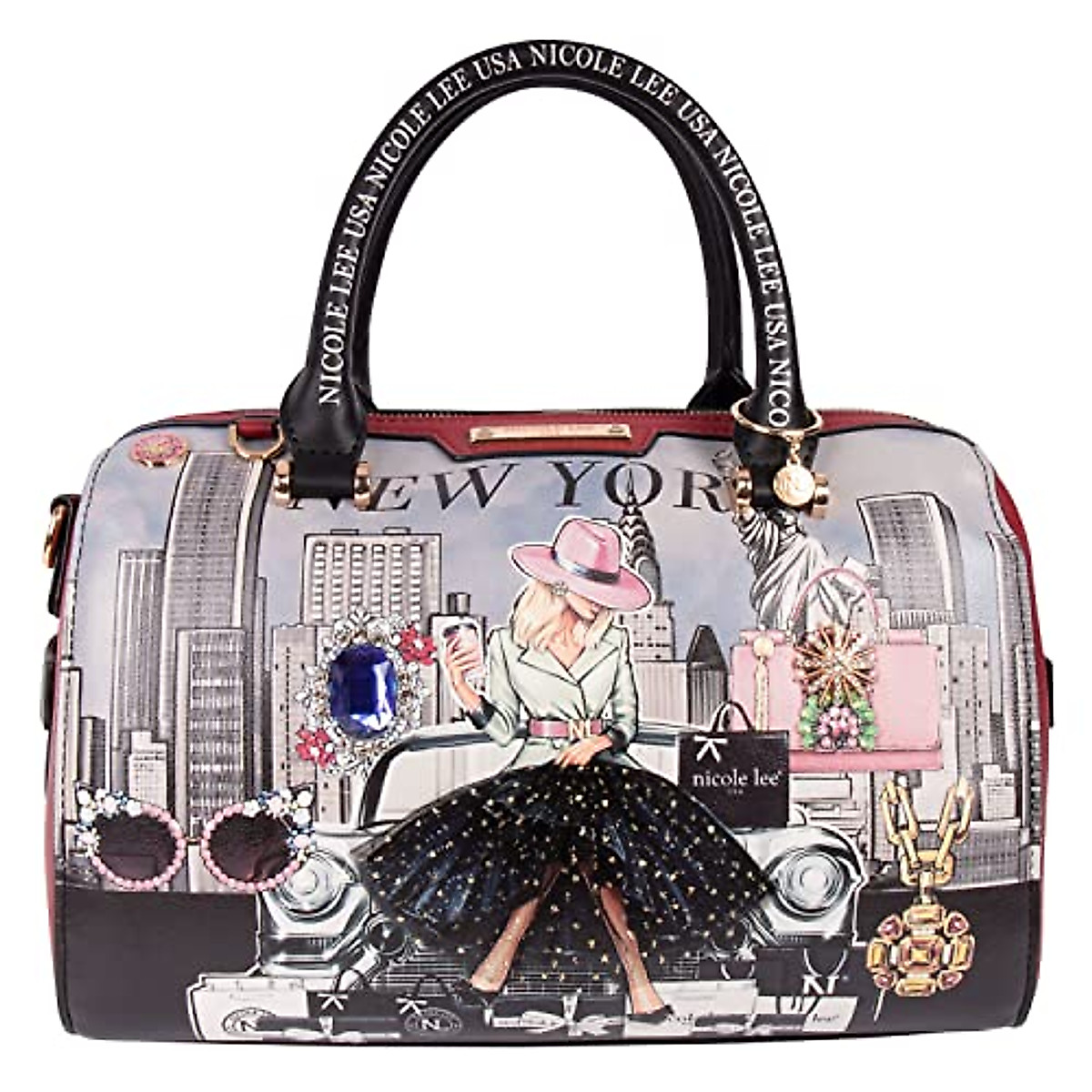 Nicole Lee Success in New York Medium Boston Bag, Embellished NYC City Vegan Leather Doctor Bag with Optional Crossbody Strap