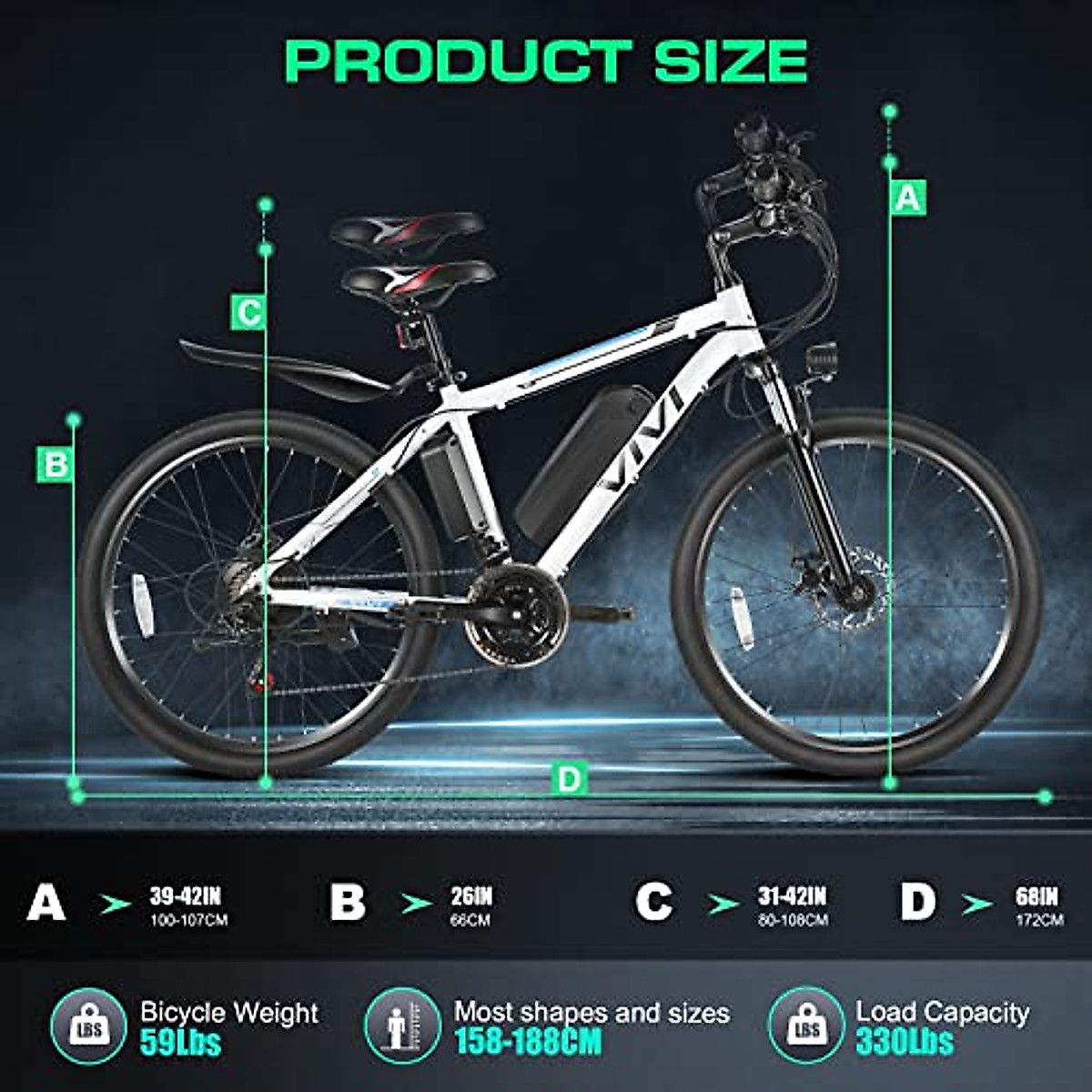 Vivi Electric Bike, Electric Bike for Adults, 26" Ebike 500W Adult Electric Bicycles, 20MPH Electric Mountain Bike with 48V Removable Battery, Up to 50 Miles, Cruise Control, Professional 21 Speed
