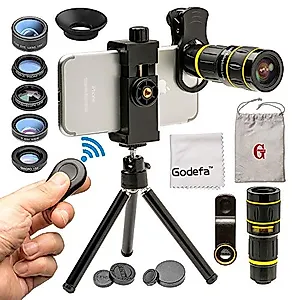 Godefa Cell Phone Camera Lens with Tripod+ Shutter Remote,6 in 1 18x Telephoto Zoom Lens/Wide Angle/Macro/Fisheye/Kaleidoscope/CPL, Clip-On lense Compatible for iPhone X 8 7 6s Plus, Samsung and More