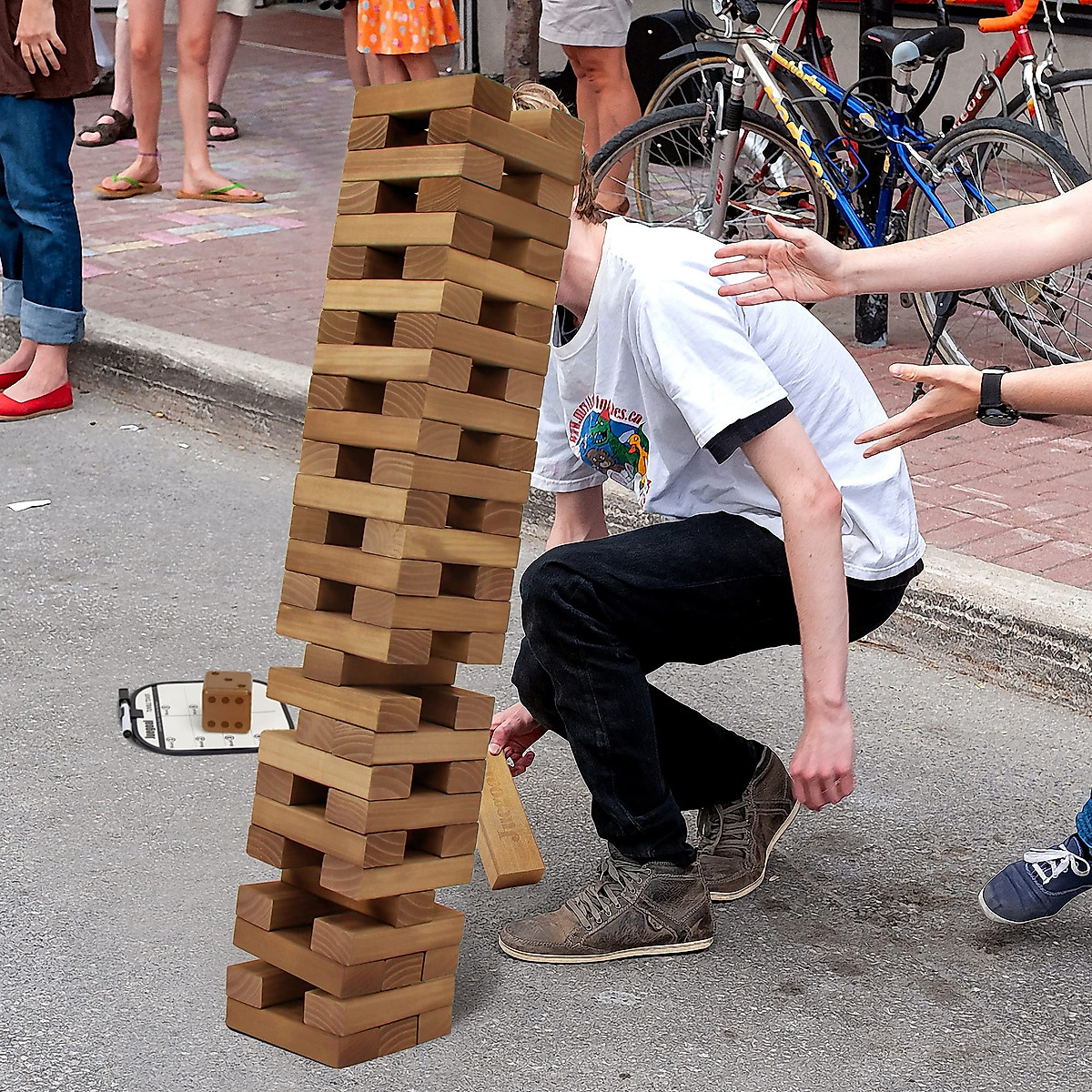 Juegoal 54 Pieces Giant Tumble Tower Blocks Game Giant Wood Stacking Game with 1 Dice Set, Gameboard, Canvas Bag for Adult, Kids, Family, Brown