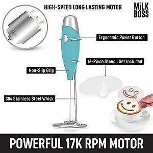 Milk Boss Mighty Milk Frother Handheld Whisk Mixer - Coffee Frother Electric Handheld Foam Maker & Frother For Coffee - Portable Electric Whisk With 16-Piece Stencils For Lattes, Matcha (Smooth Teal)…