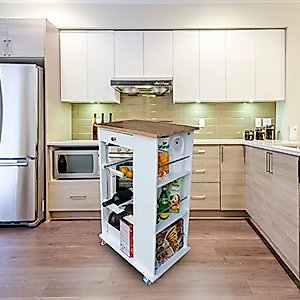 FUQIAOTEC 20" Small Size Rolling Mobile Kitchen Island, Kitchen Cart with Drawer and Storage Cabinet, Coffee Cart on Wheels, 3 Storage Wine Racks on The Side (White)