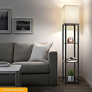 Floor Lamp with Shelves for Living Room, Shelf Floor Lamp with 3 CCT LED Bulb, Corner Display Standing Column Lamp Etagere Organizer Tower Nightstand with White Linen Shade for Bedroom, Office
