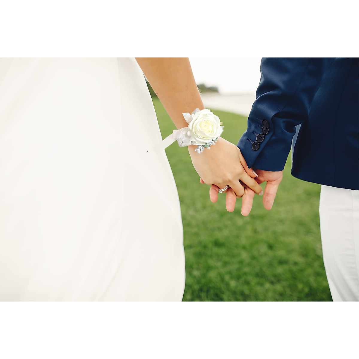 SUNEE - 2 Pcs Wedding Corsage and boutonniere White Roses Pearl Wedding Prom Wristlet Band Bracelet for Women Bride Bridesmaid