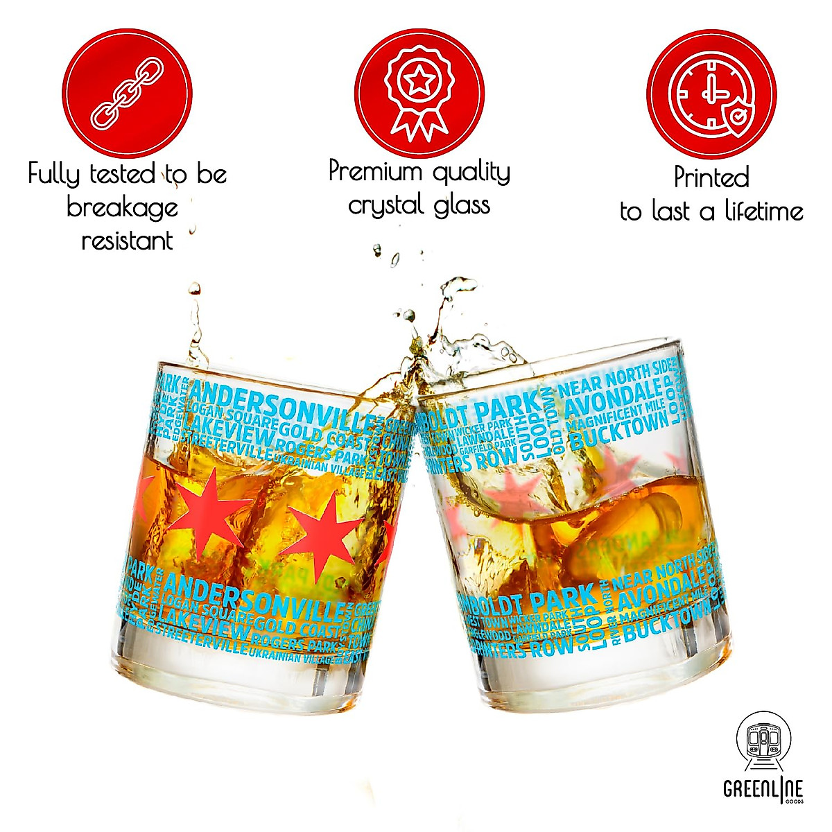 Greenline Goods Whiskey Glasses - 10 Oz Tumbler Set for Chicago lovers, Chicago Flag & Neighborhoods | Old Fashioned Rocks Glass - Set of 2