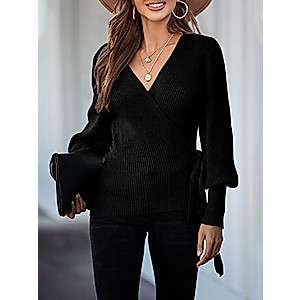 Saodimallsu Womens V Neck Wrap Sweater Loose Batwing Long Sleeve Sexy Pullover Sweaters Tie Ribbed Knit Jumper Tops Black