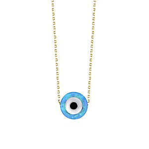 14k Solid Gold Turquoise Evil Eye Necklace | 14k Yellow Gold Opal Nazar Necklaces for Women | Round Pendant Necklace | Delicate October Birthstone Jewelry | Gifts for Christmas, 18"