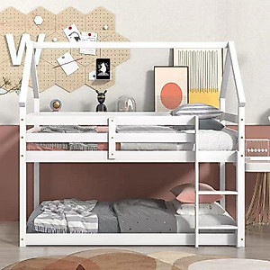 MERITLINE Bunk Bed Twin Over Twin for Kids, Wooden Tree House Bunk Beds with Ladder and Safety Guardrail, Floor Bunk Bed for Toddlers/Girls/Boys, White