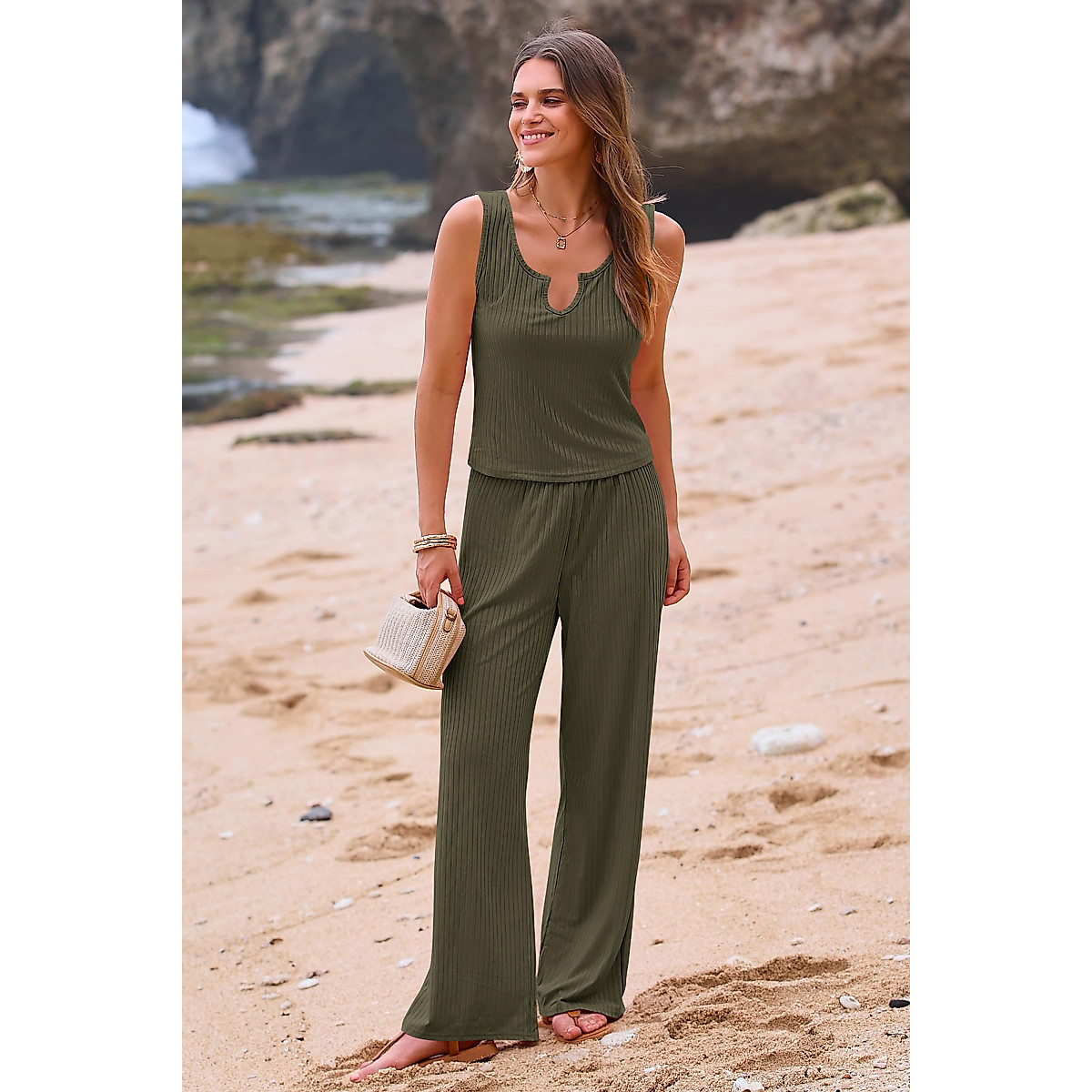 PRETTYGARDEN Womens Summer Casual Two Piece Outfits Sweatsuits Tank Scoop Neck Ribbed Knit Long Pants Tracksuits(Army Green, Medium)