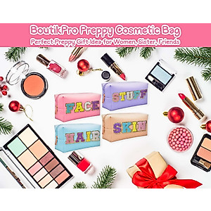 boutikpro 4PCS Premium Preppy Makeup Bag Set, Cute PU Travel Toiletry Bag for Women, Waterproof Preppy Patch Cosmetic Organizer Bag for Traveling Outdoors, Gift Ideal for Christmas Thanksgiving