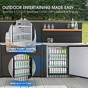 HCK 24 Inch Outdoor Refrigerator, Undercounter Refrigerators with Stainless Steel Door, 161 Can Beverage Fridge for Home Bar, Kitchen, Patio, Outdoor, and Commercial Use - 5.12 Cu.Ft