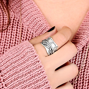 Boho-Magic 925 Sterling Silver Spinner Ring for Women Rose Flower Fidget Anxiety Relief Wide Band (6)
