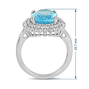 Jewelili Sterling Silver 14x10 MM Oval Swiss Blue Topaz and Round Created White Sapphire Solitaire Ring Size 7