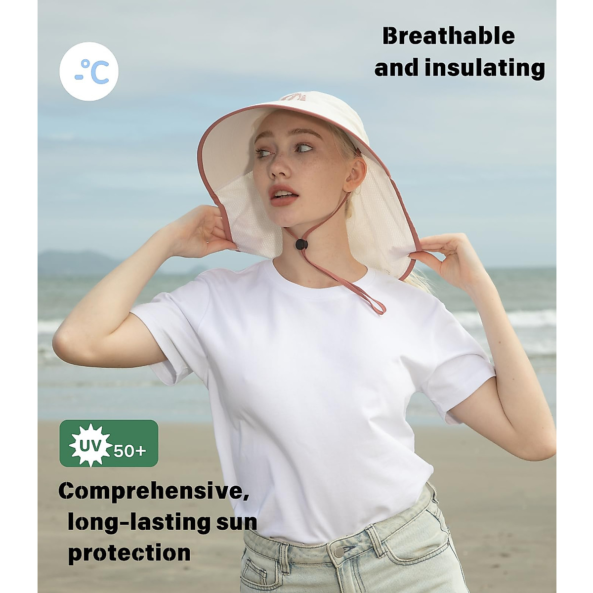 Sun Hats for Women Wide Brim Beach Sun Hat UV 50+Protection Packable HAT for Women Hiking Fishing with Neck Flap Off-White