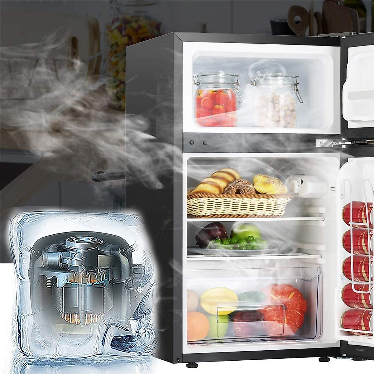 3.2 Cubic Feet Mini Compact Refrigerator Double Door Mini Fridge Small Drink Food Storage Machine,Silver