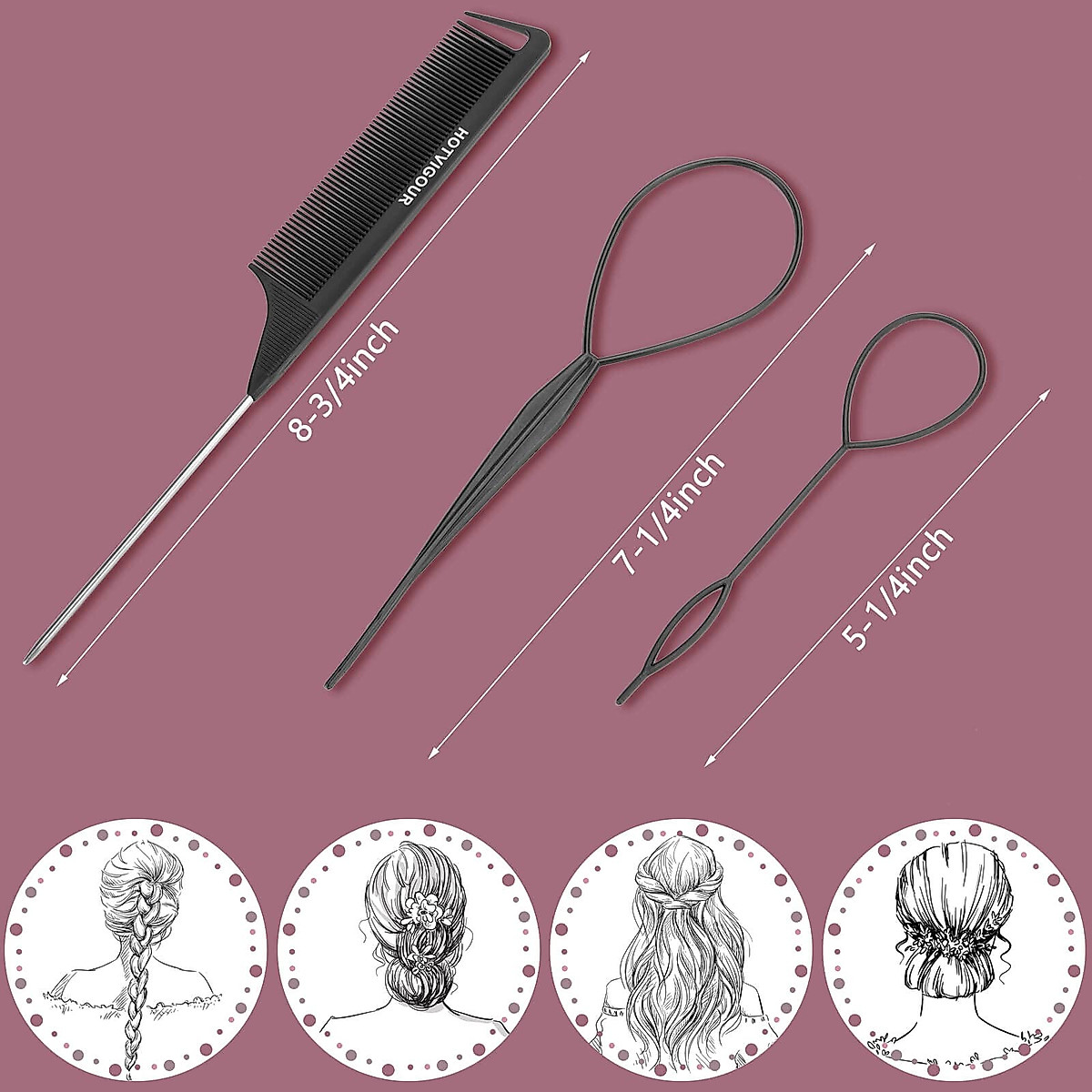 Topsyhair Braiding Tools - 4 Pack Hair Styling Combo: Tail Combo, 2 French Braid Loops (Black)