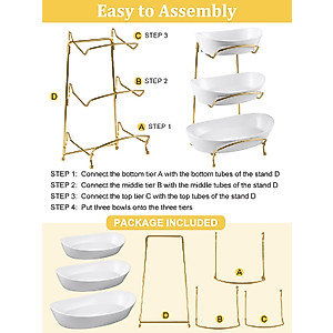 Yedio Fruit Bowls for Kitchen Counter, 3 Tier Ceramic Fruit Basket with Serving Bowls Metal Stand, Tiered White Porcelain Bowls for Fruit Vegetable Storage, Snack, Nuts, Cake, Dessert