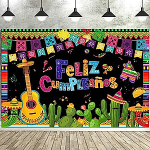 Feliz Cumpleaños Backdrop Mexican Fiesta Happy Birthday Party Decorations Supplies Cactus Balloons Mexico Cinco De Mayo Carnival Bday Cake Table Banner Photography Background Photo Props