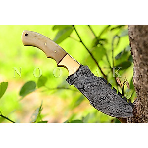 Nooraki - 11-inch | Fire Pattern Custom Handmade Damascus Tracker Knife with Camel Bone Handle Hunting knife, Camping knife, Bushcraft Knife, Survival Knife, Full Tang With Sheath #333