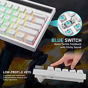 Bluetooth Mechanical Gaming Keyboard with 19 RGB Backlight Mini 61 Key Multimedia Knob Rechargeable 4400mAh Battery Type C Wired/Wireless for PC Mac Mobile Phone Gamer Typist (White/Blue Switch)