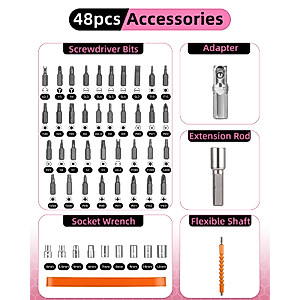 Durofort Pink Cordless Electric Screwdriver Set, 4.1V Rechargeable Small Electric Drill with 48pcs Driver Bit Set, Power 3Nm Screw Gun with 2 Position Handle, Flexible Shaft LED Light for Women