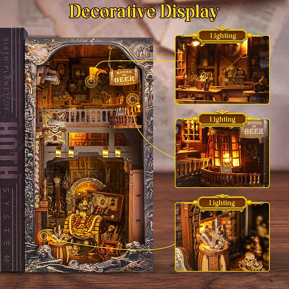 Wimlade Book Nook Kits for Adults, 3D Pirate Ship Puzzle DIY Miniature House Kit for Bookshelf Insert Decor, Wooden Puzzles for Adults with LED Lights, Halloween/Christmas Gifts for Adults and Teens