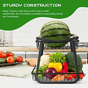 TBMax 2 Tier Fruit Basket for Kitchen Countertop Metal Wire Fruit Bowl with Wooden Handle for Produce Storage Rack, Snack Organizer, Bread Baskets, Vegetable Stand -Black