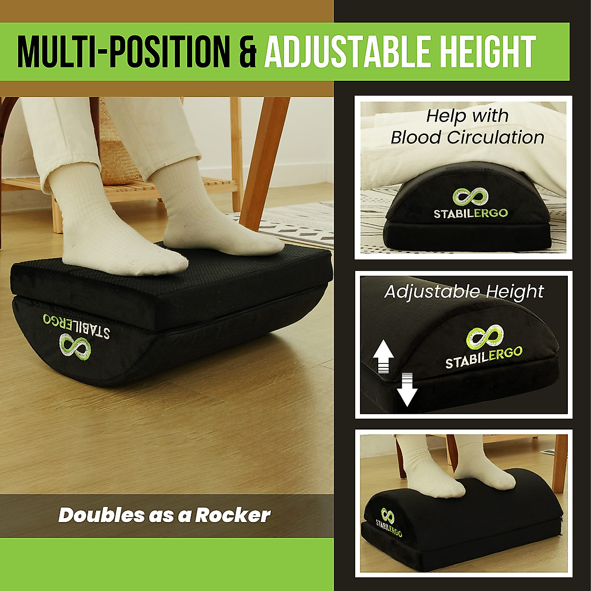 STABILERGO Foot Rest for Under Desk at Work, Ergonomic Office Desk Foot Rest, Adjustable Foot Rest, Under Desk Footrest with Washable Cover, Desk Foot Stool Work from Home Accessories