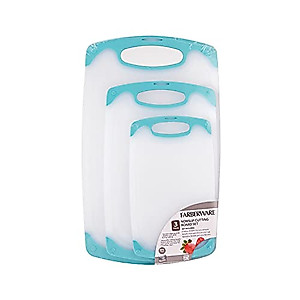 Farberware Non Slip Plastic Cutting Board Set with Juice Grooves, Set Of 3, White and Aqua
