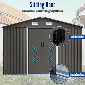 MIRAFIT Storage Shed 8x10 Ft, Outdoor Storage Cabinet Galvanized Steel Sheds with Sliding Door, Garden Metal Shed for Tool, Bike, Lawn Mower, Backyard, Patio,Olive Gray