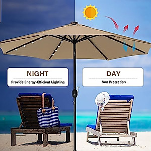 YSSOA 9' Solar 32 Lighted Patio Table Market Push Button Tilt/Crank Outdoor Umbrella for Garden, Deck, Backyard and Pool, 9ft-LED, Tan—LED