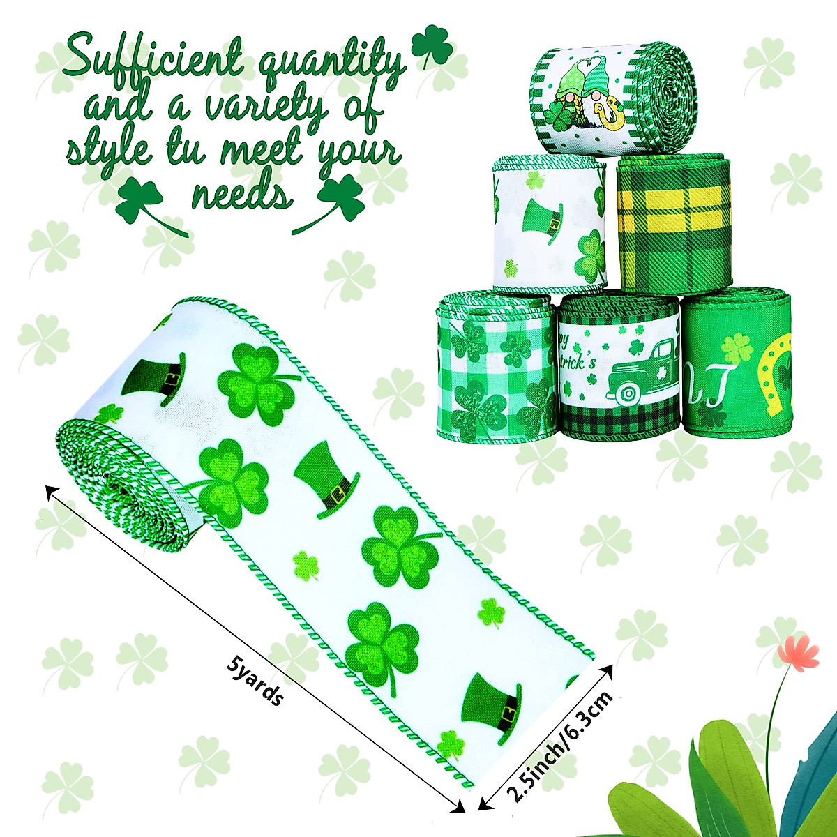 6 Rolls 30 Yards St. Patrick's Day Wired Edge Ribbon Green Buffalo Plaid Ribbon Shamrock Burlap Ribbon Green Hat Wrapping Ribbon for Wrapping Wreath Party Decoration DIY Craft Supplies (White/Green)