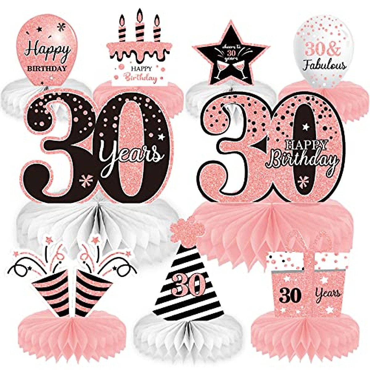 9 Pieces Rose Gold 30th Birthday decorations for Women Pink 30th birthday centerpieces for Tables Decorations Cheers to 30 Years Honeycomb Table Topper Happy 30th Birthday Decorations for Woman