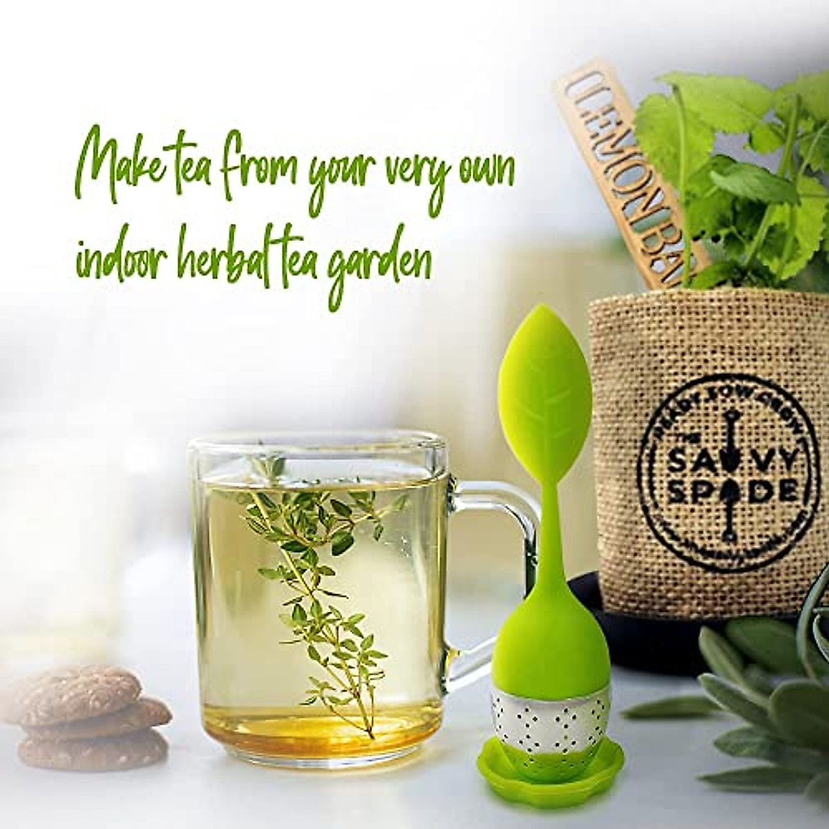 Tea Seeds Herb Garden Kit Indoor – Non-GMO Heirloom Chamomile, Lavender, Mint, Lemon Balm Herbal Tea Seeds for Planting – Tea Making Kit w/Soil Amendments, Markers, Infuser – Gardening Gifts