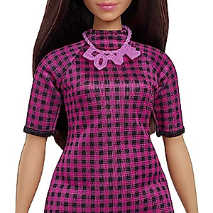 Barbie Fashionistas Doll #188 with Curvy Shape, Black Hair, Checkered Dress, Pink Sneakers & Necklace Accessory