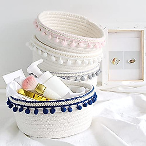 PHEZEN Cotton Rope Basket Bins, Small Woven Storage Baskets for Toy Storage Snacks Clothes Cosmetic Fruits Books Sundries Soft Storage Bins, Boho Woven Storage Baskets Decor Pink (20.5cm x 9.5cm)