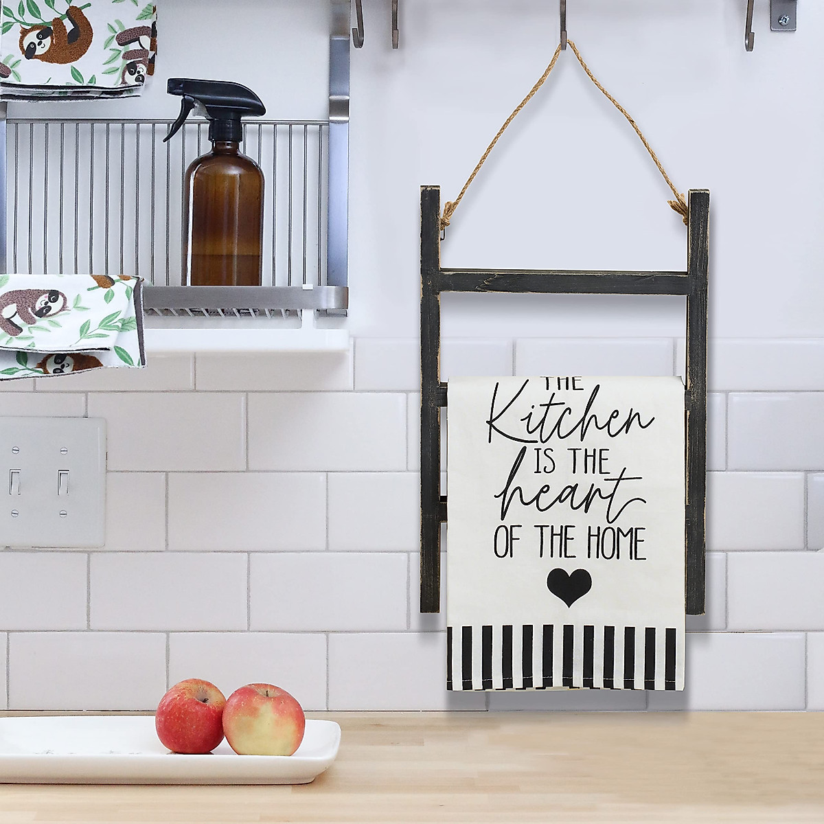 GenMous 3 Tiered Tea Towel Ladder with Cute Kitchen Sign for Farmhouse Kitchen Counter Decor, Rustic Torched Wood Hand Towel Stand, Hanging Bathroom Decorative Mini Ladder Kitchen Towel Rack Black