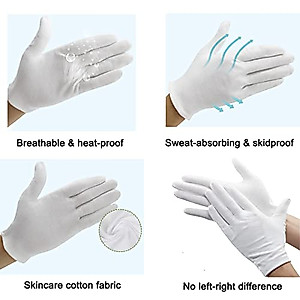 12Pairs White Cotton Gloves for Eczema and Dry Hands - Breathable Work Glove Liners - Moisturizing SPA Soft Jewelry Inspection Gloves - Stretchy Fit Cloth Gloves for Most Women