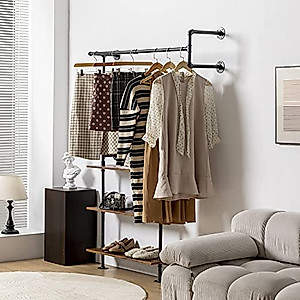 Industrial Pipe Clothing Racks with Shelves, Wall Mounted Wood Clothes Racks, Heavy Duty Iron Pipe Garment Racks for Hanging Clothes, Industrial Retro Steampunk Closet Organizer for Home Retail Store