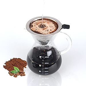 T-mark Pour Over Coffee Maker with Reusable Double-layer Stainless Steel Filter, 600ml/20oz BPA-Free Glass Coffee Carafe, Glass Coffee Maker, Coffee Dripper Brewer