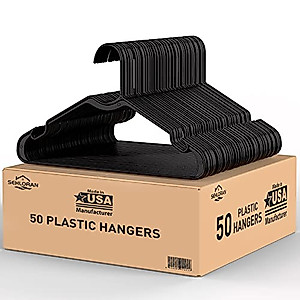Sehloran Plastic Hangers 50 Pack,Space Saving Notched Hangers, Space Saving Slim Hangers, Heavy Duty Clothes Hanger for Coats,Pants,Dress,Shirts,White&Black,Made in USA